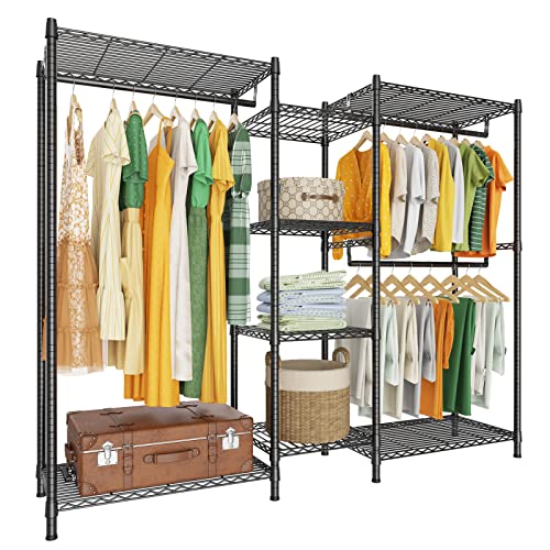 LEHOM G7 Heavy Duty Clothes Rack for Hanging Clothes, Portable Garment Rack Compact Size Closet Organizer, Freestanding Metal Clothing Rack Wardrobe Closet with Storage Shelves for Bedroom(Medium)