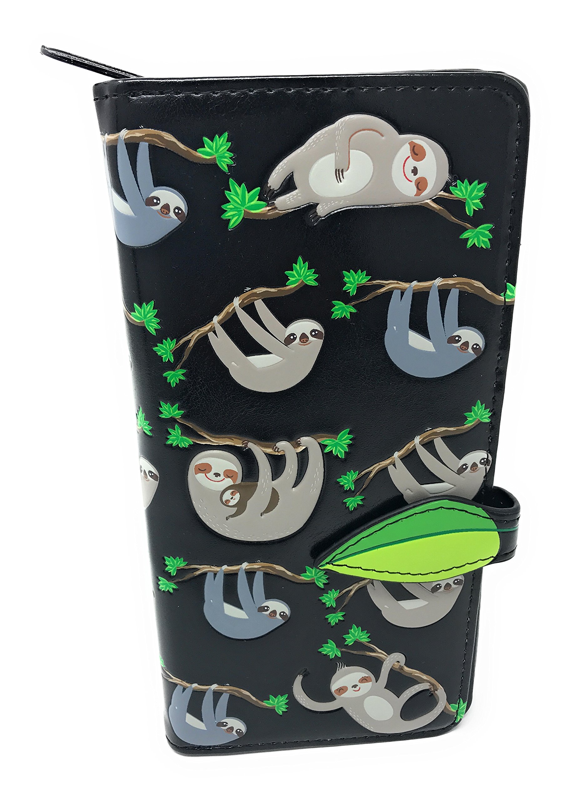 Shag Wear Sloth Large Wallet for Women Black 7"