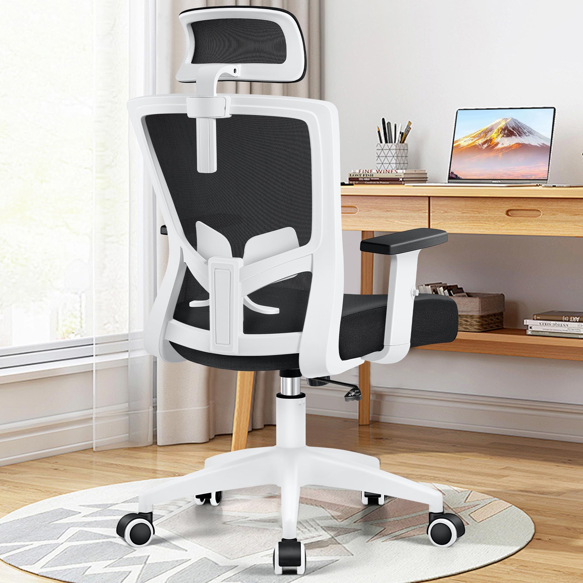 Brick Attic Office Chair Ergonomic Desk Chair High Back Computer Chair Swivel Mesh Task Chair with Adjustable Lumbar Support Armrests Headrest White