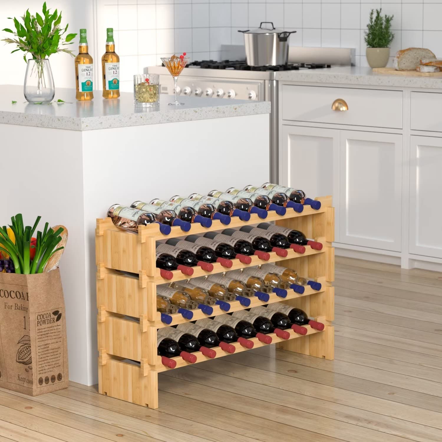 Domax Wine Rack Freestanding Floor - 4 Tiers Stackable Wine Rack 36 Bottle Wine Bottle Holder, Bamboo Wine Holder Wine Storage for Kitchen, Bar, Pantry, Wine Cellar and Countertop (Yellow)