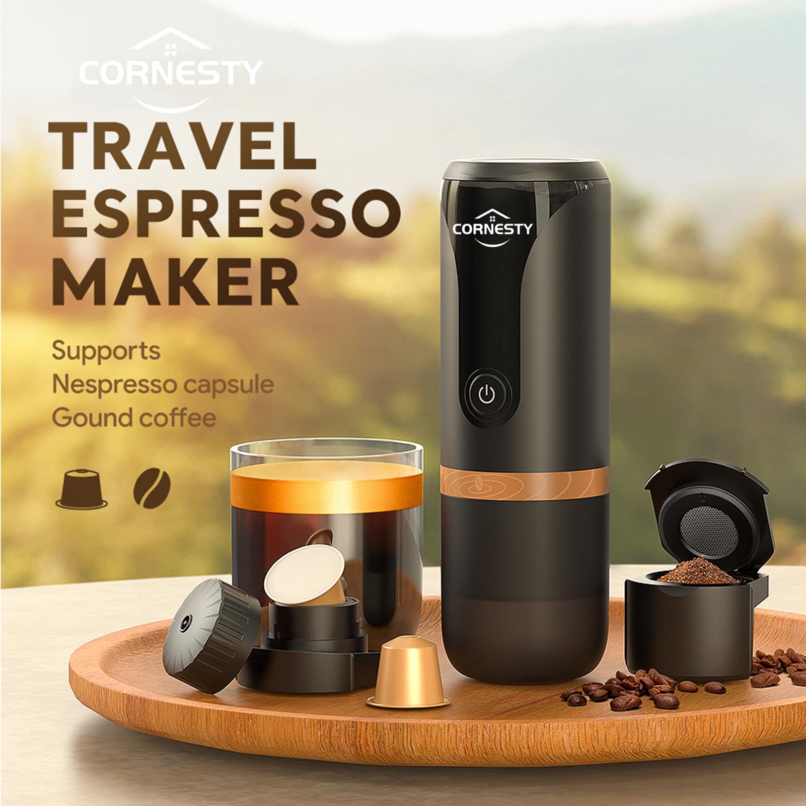 Cornesty Portable Coffee Maker, Rechargeable 2 in 1 Small Travel Espresso Machine, 9 Bar Pressure 12V Fast Brewing Coffee Machine Compatible with NS Pods & Ground Coffee for Camping Office Hiking RV