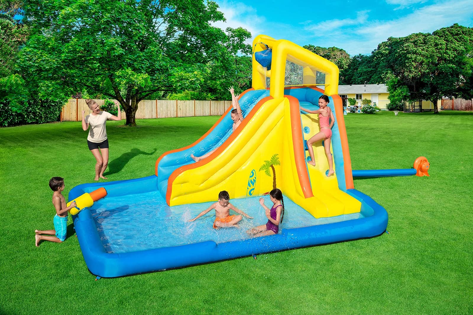 FBITE Inflatable Bouncy Castle, Jumper House Water Pool Slide Activity Center with Water Slide, Climbing Wall, Water Gun and Pool Area for Kids