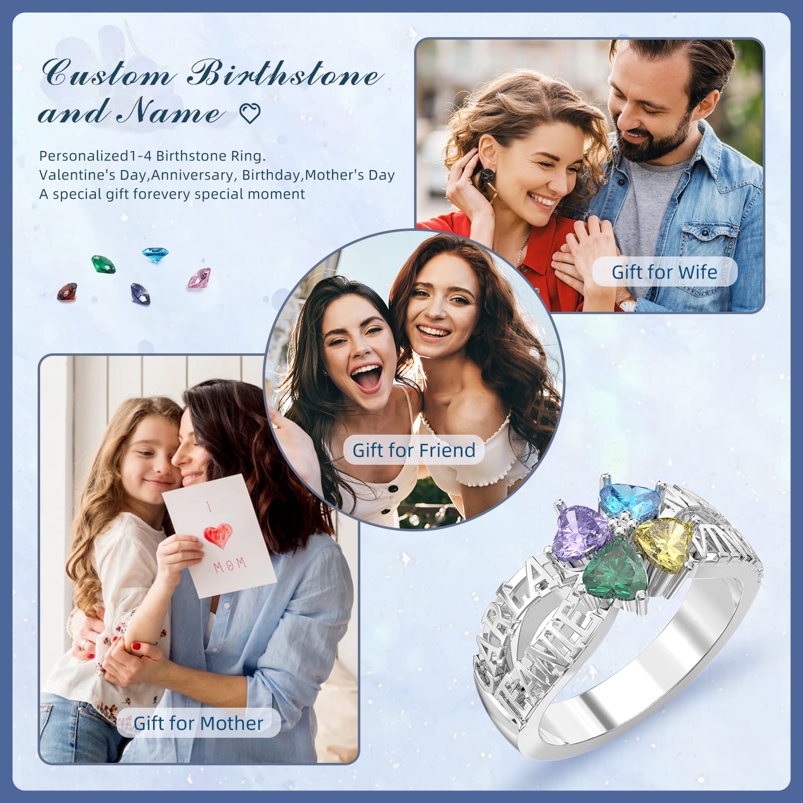 Custom Name Ring Creative 3D 925 Sterling Silver Birthstone Rings for Women Mother Dainty Bride Engagement Ring Personalized Promise Rings for Her (3 NAMES)