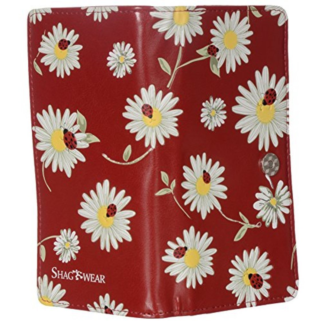 Shag Wear Women's Premium Vegan Clutch Cardholder Zipper Wallet Purse with Pretty Daisies and Ladybugs, Red