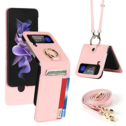 SailorTech Wallet Case for Samsung Galaxy Z Flip 4 5G 2022 Crossbody Lanyard Cases with Ring 4 Card Slots Lanyard, Ultra Slim PU Leather Back Cover Phone Cases for Women Pink