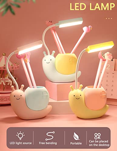 Cute Kids Lamp with Pen Holder,LED Desk Lamp for Child,Snail Shape USB Charging Student Learning Eye Protection Lamp with 360° Bendable Adjustable Neck Pink