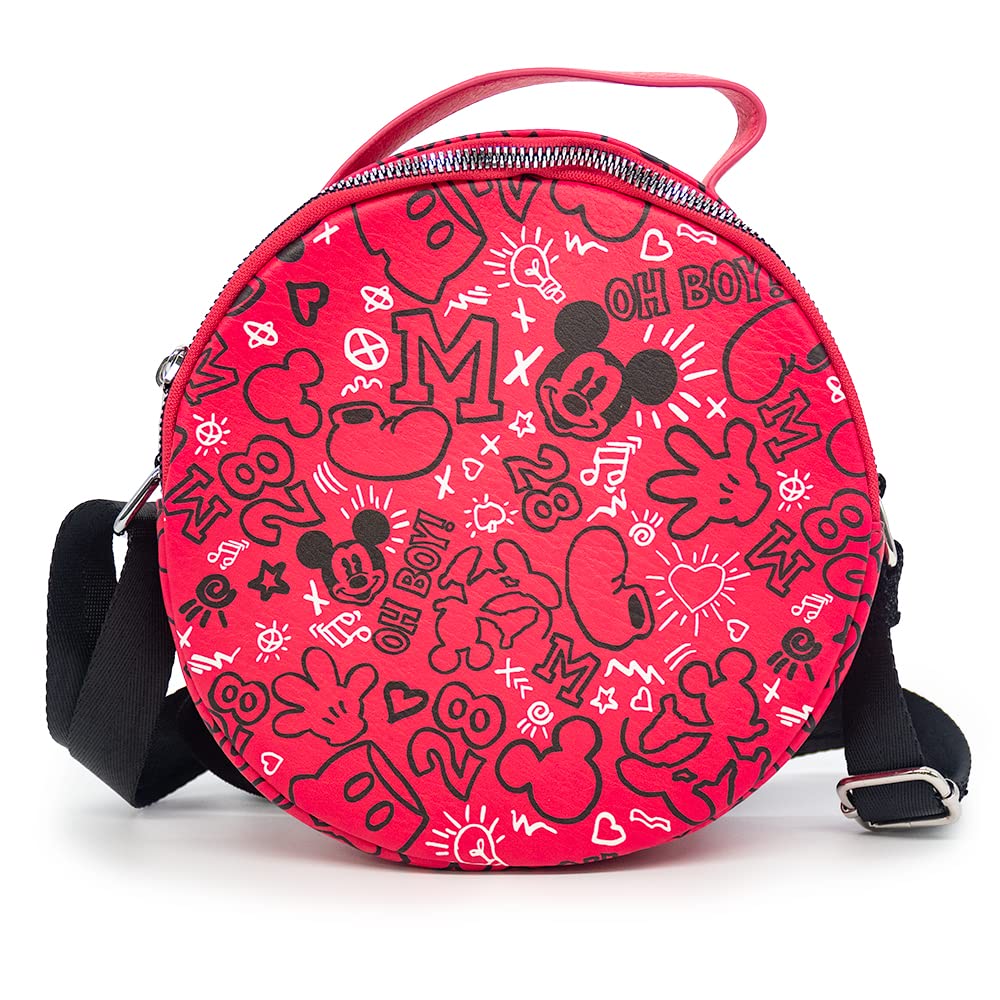 Disney Bag, Cross Body, Round, Mickey Mouse Icon Doodles Collage, Red Black White, Vegan Leather