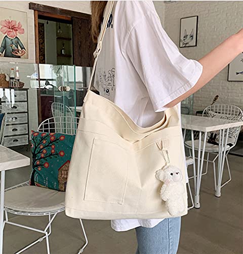 Kehpish Economical Cotton Tote Bag, Reusable Womens Canvas Tote Bag with 3 External Pocket, Top Zipper Closure White