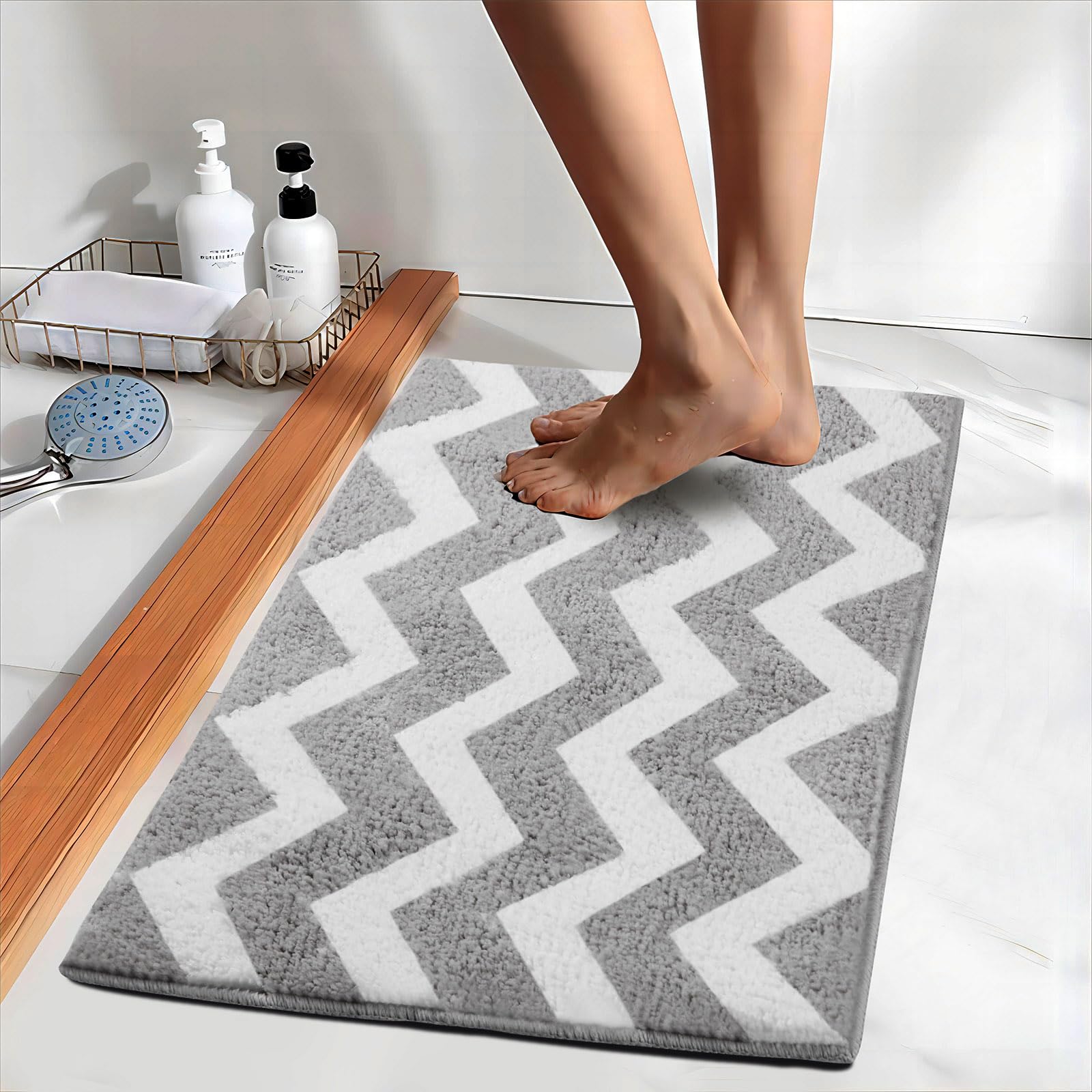 Carmoion Bathroom Rug, Non-Slip Microfiber Plush Bath Mat, Machine Washable and Super Absorbent Bath Rug, Comfortable Soft Bathroom Mat for Tub, Shower, Sink, Grey, 24" x 16"