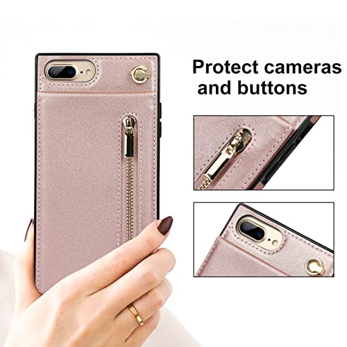 Jaorty Crossbody Phone Case for iPhone 8 Plus/7 Plus Case with Card Holder for Women,iPhone 7 Plus Case Wallet with Strap Lanyard for Men,PU Leather Magnetic Clasp with Kickstand 5.5", Rosegold