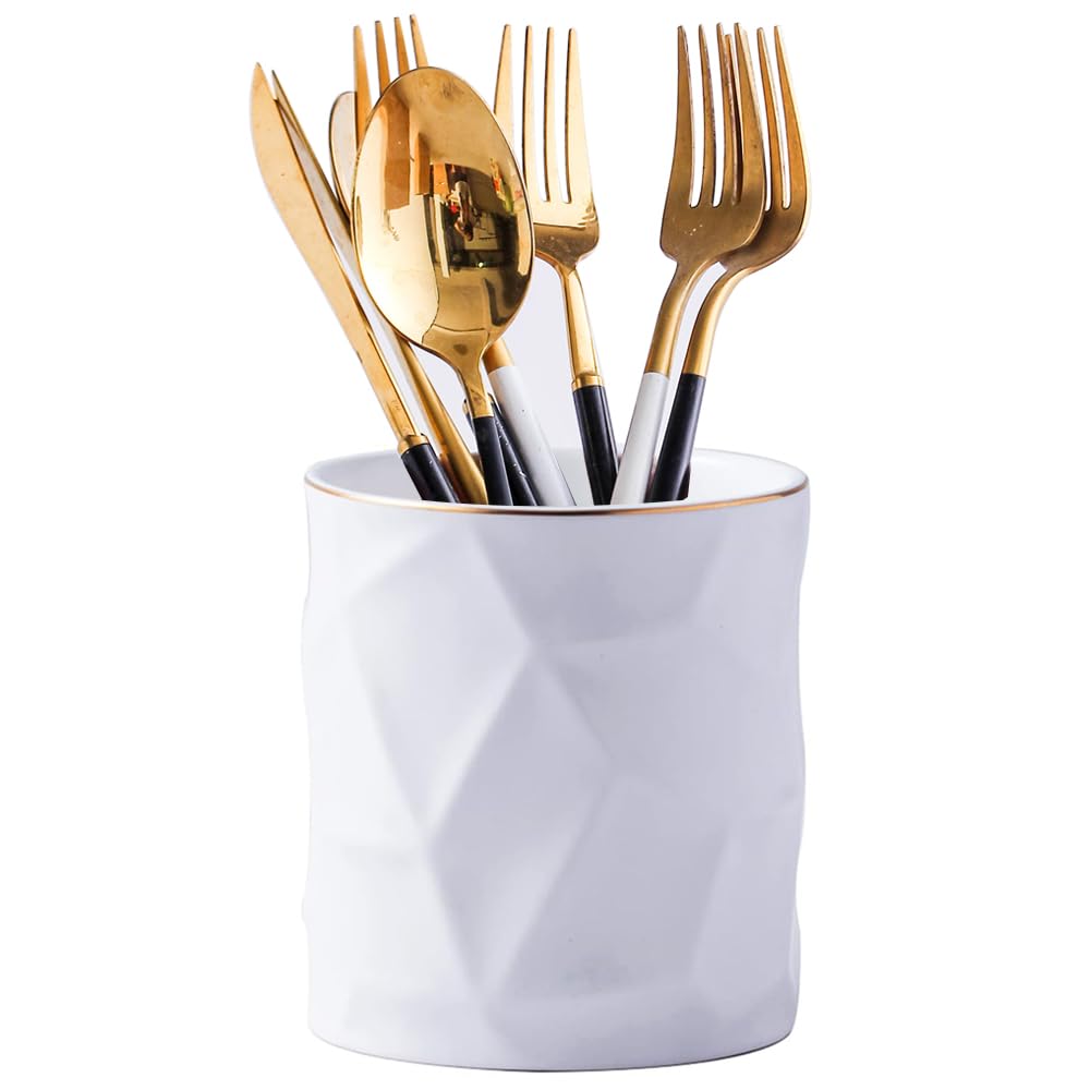 Cutlery Holder, Ceramic Silverware Holder Kitchen Cooking Utensil Holder, Robust Spoon Holder Silverware Caddy for Countertop 3.95*3.45 inch (A-White)