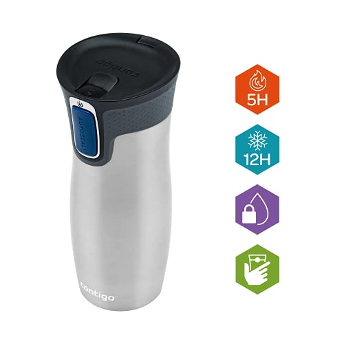 Contigo West Loop Autoseal Travel Mug, Stainless Steel Thermal Mug, Vacuum Flask, Leakproof Tumbler, Coffee Mug with BPA Easy-Clean Lid, 470 ml, Stainless Steel