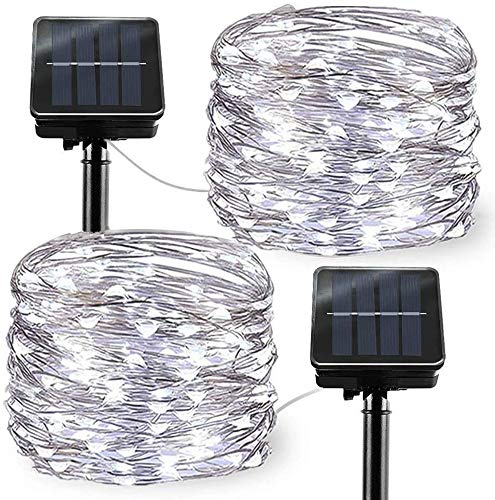 Chinety Upgraded Solar Powered String Lights, 2 Pack 8 Modes 200 LED Solar Fairy Lights Waterproof 66ft Silver Wire Lights Outdoor Garden String Lights for Home Patio Yard Party Decor (Cool White)