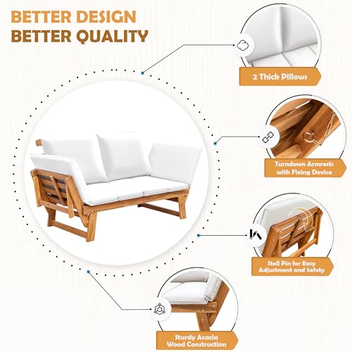 Greesum Patio Convertible Couch Sofa Bed with Adjustable Armrest, Acacia Wood Outdoor Daybed with Cushion & Pillow, Folding Chaise Lounge Bench for Porch Courtyard Poolside,White