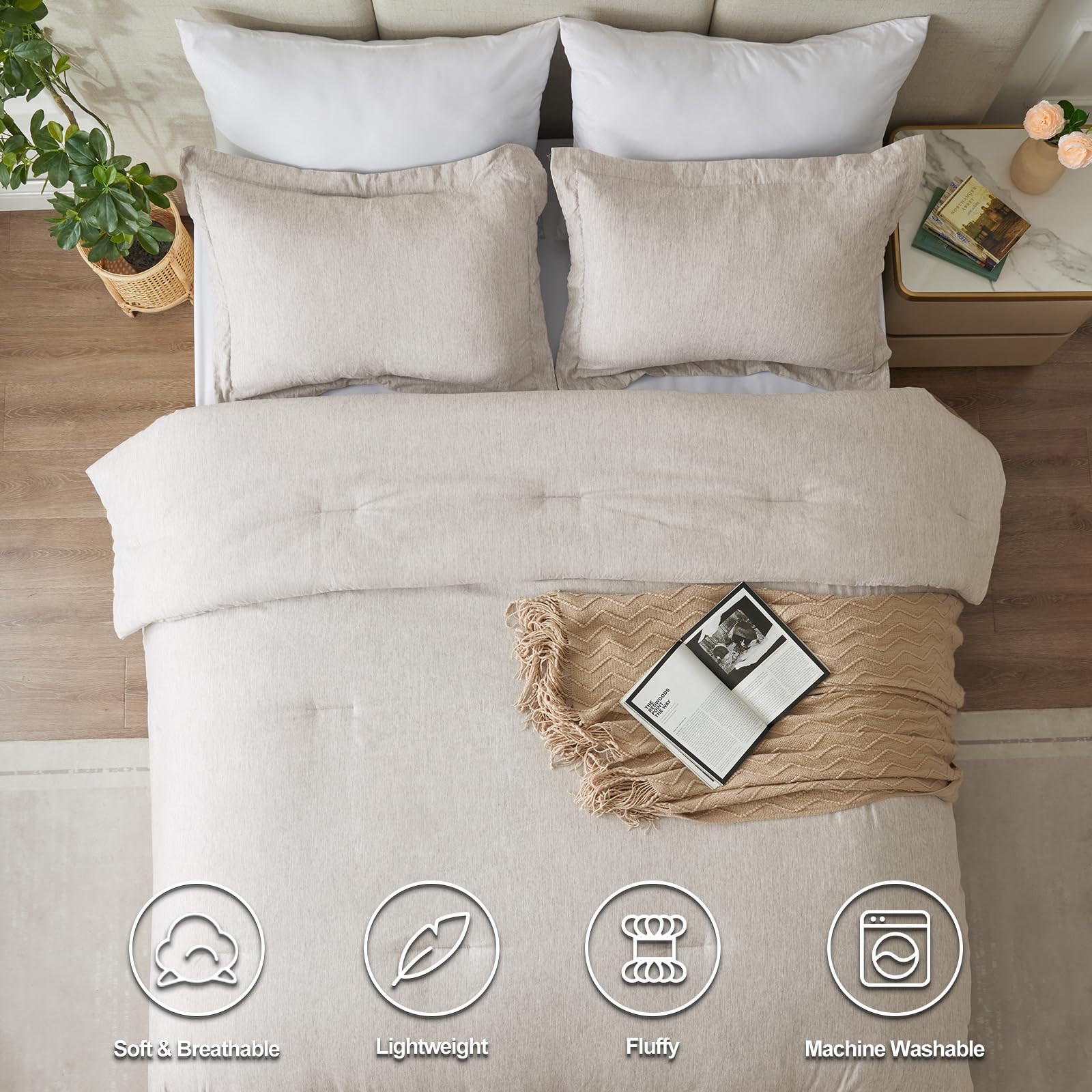 CozyLux Queen Size Comforter Set - 3 Pieces Beige Soft Luxury Cationic Dyeing Bedding Comforter for All Season, Breathable Lightweight Fluffy Boho Bed Sets with 1 Comforter and 2 Pillow Shams