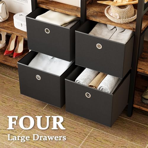 IRONCK Garment Racks with Shelves 4 Drawers and 8 Hooks Heavy Duty Closet Organizer for Hanging Clothes, Freestanding Closet Wardrobe Rack, Vintage Brown