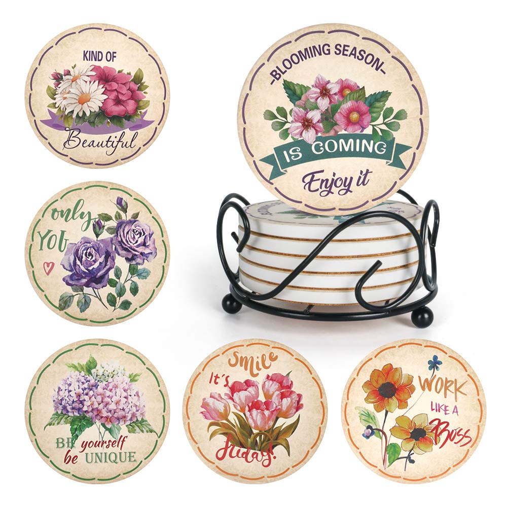 Coaster for Drinks 6Pcs Animal Ceramic Absorbent Drink Coasters with Holder, 4 Inch Vibrant Flora Stone Coaster with Cork Base for Home, Office, Restaurant-Coffee Table, Desk, Kitchen Decor (Flo-03)