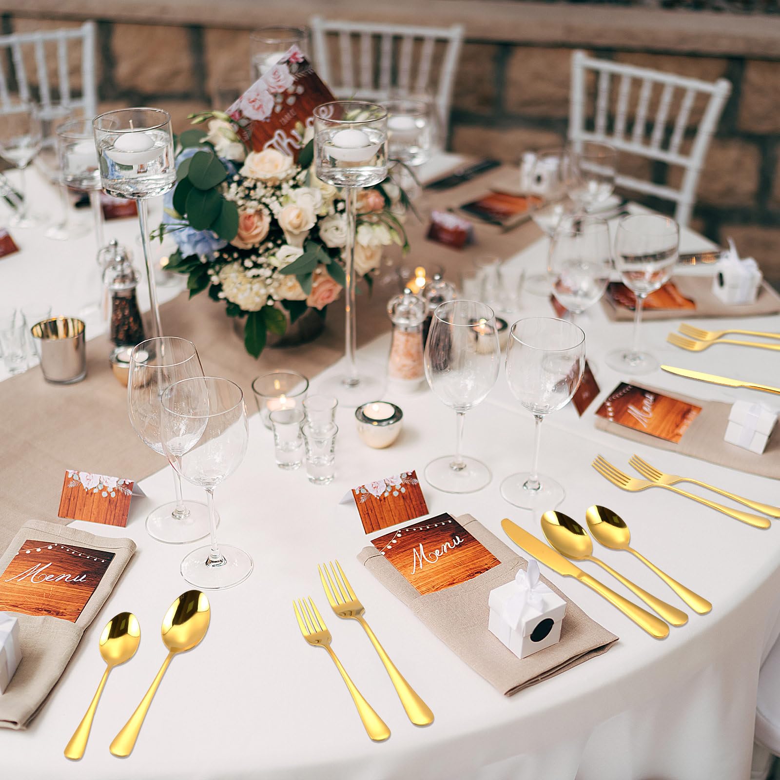 Dandat 500 Pcs Stainless Steel Flatware Set Service for 100 Guest, Cutlery Utensil Set, Include Fork Knife Spoon for Guest Dinner Home Kitchen Wedding Holiday Halloween Christmas Party (Gold)