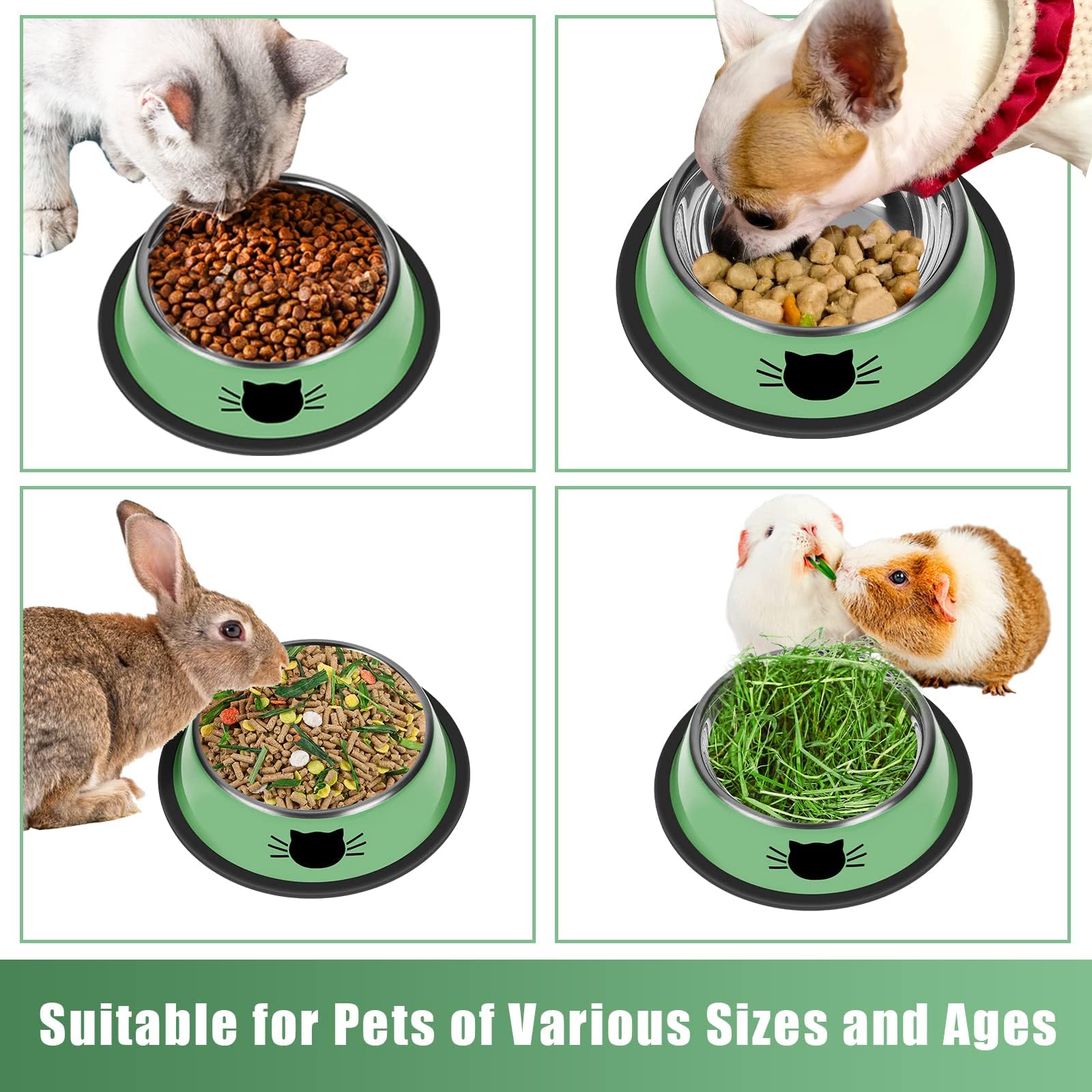 Serentive 2Pcs Cat Bowls Non-Slip Stainless Steel Small Cat Food Bowls Unbreakable Thicken Cat Feeder 7 Oz Cat Dishes Suitable for Indoor Small Pets Removable Rubber Base Easily Clean Lovely Color