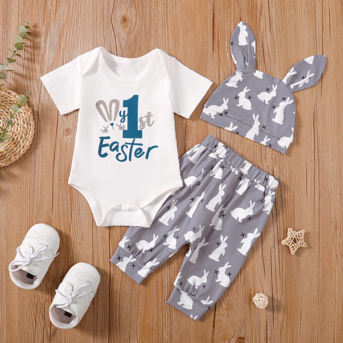 FUNNYBSG Baby Boy Easter Outfit Infant Boy My 1st Easter Bunny Clothes Sets(Grey, 3-6 Months)
