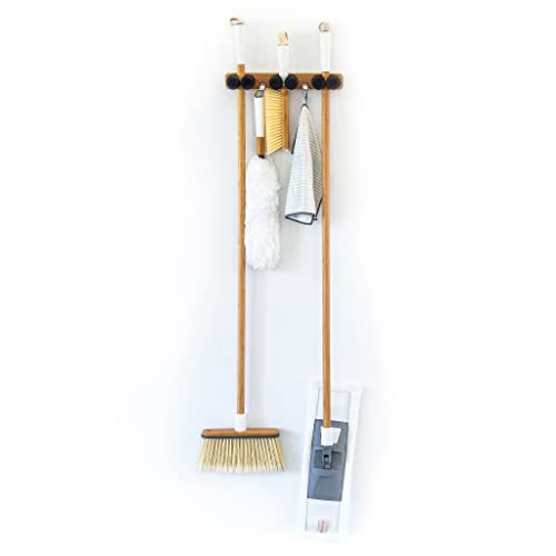 Full Circle Get A Grip Mop and Broom Organizer – Wall Mounted Storage for Kitchen or Closet – Lightweight Bamboo Hanging Broom Holder with Foam Pegs – Easy to Install Home Organization, Small