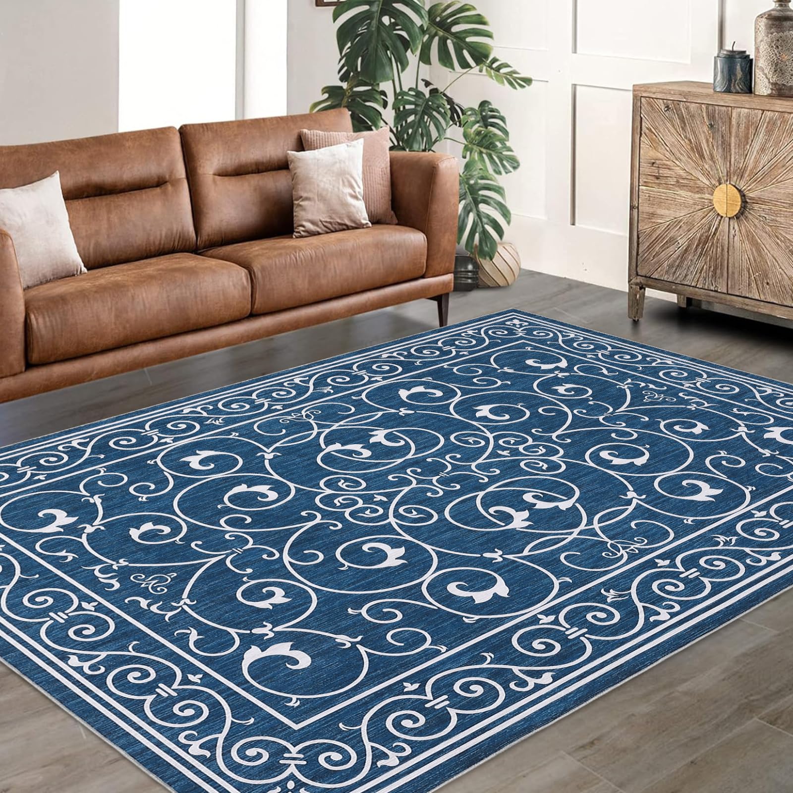 GarveeHome 8x10 Rug Washable Rugs Vintage Floral Rug for Living Room Moroccan Office Rug Low Pile Throw Rugs Modern Area Rug for Bedroom Non-Slip Backing Room Decor Distressed Rug Blue Rug