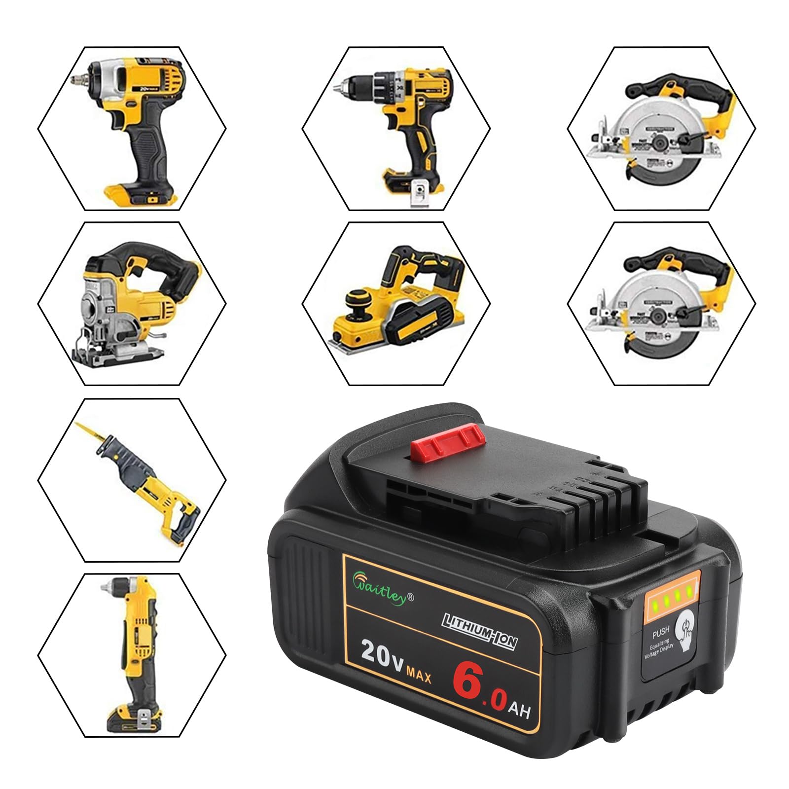 waitley 4 Pack 20V 6A Replacement Battery Compatible with Dewalt DCB200 DCB206 DCD DCF DCG Series Cordless Tools