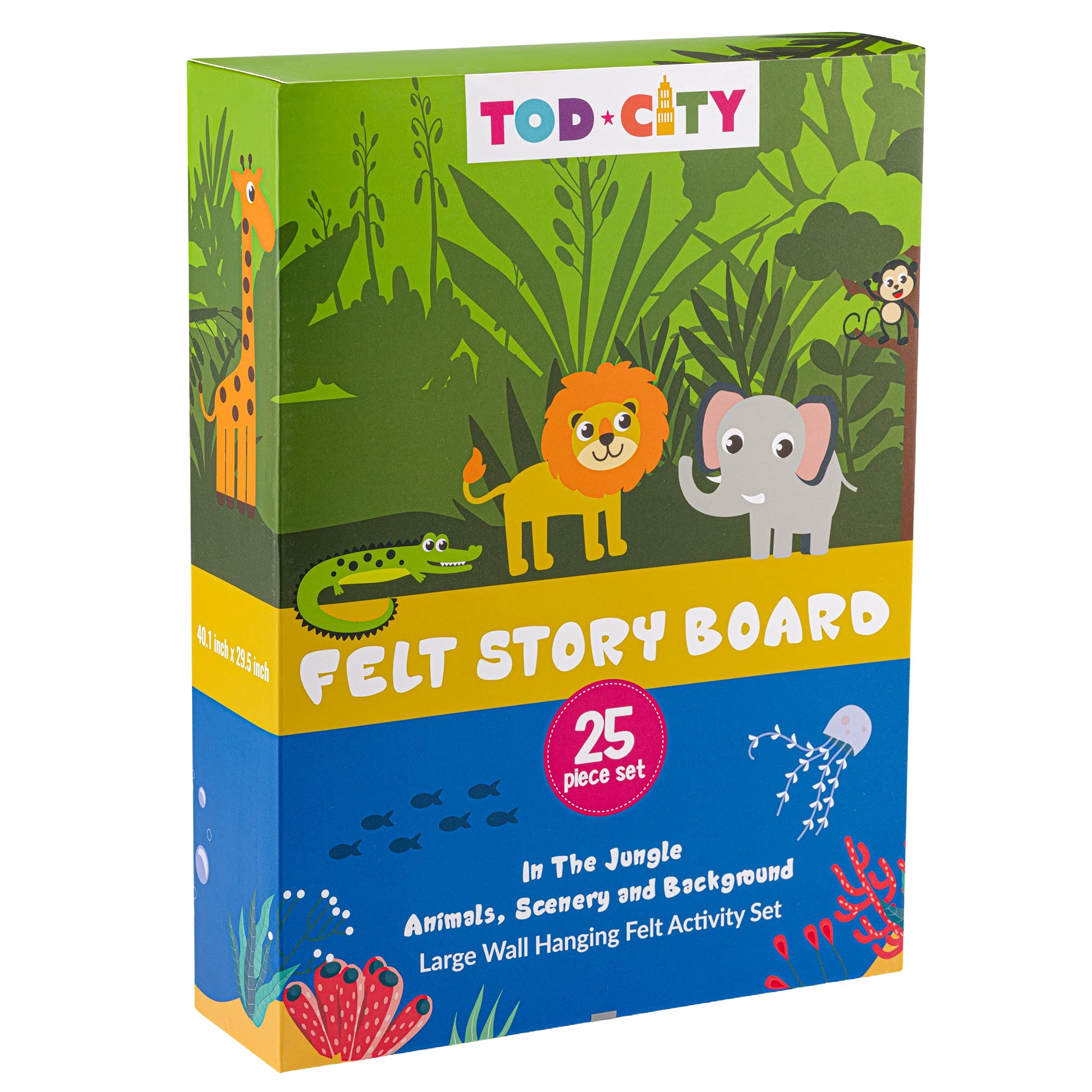 Tod City Flannel Felt Story Board Set: in The Jungle - Large Wall Hang 25 Pre-Cut Piece Interactive Learning Toy for Preschool, Kindergarten, 3+ Year Old Children