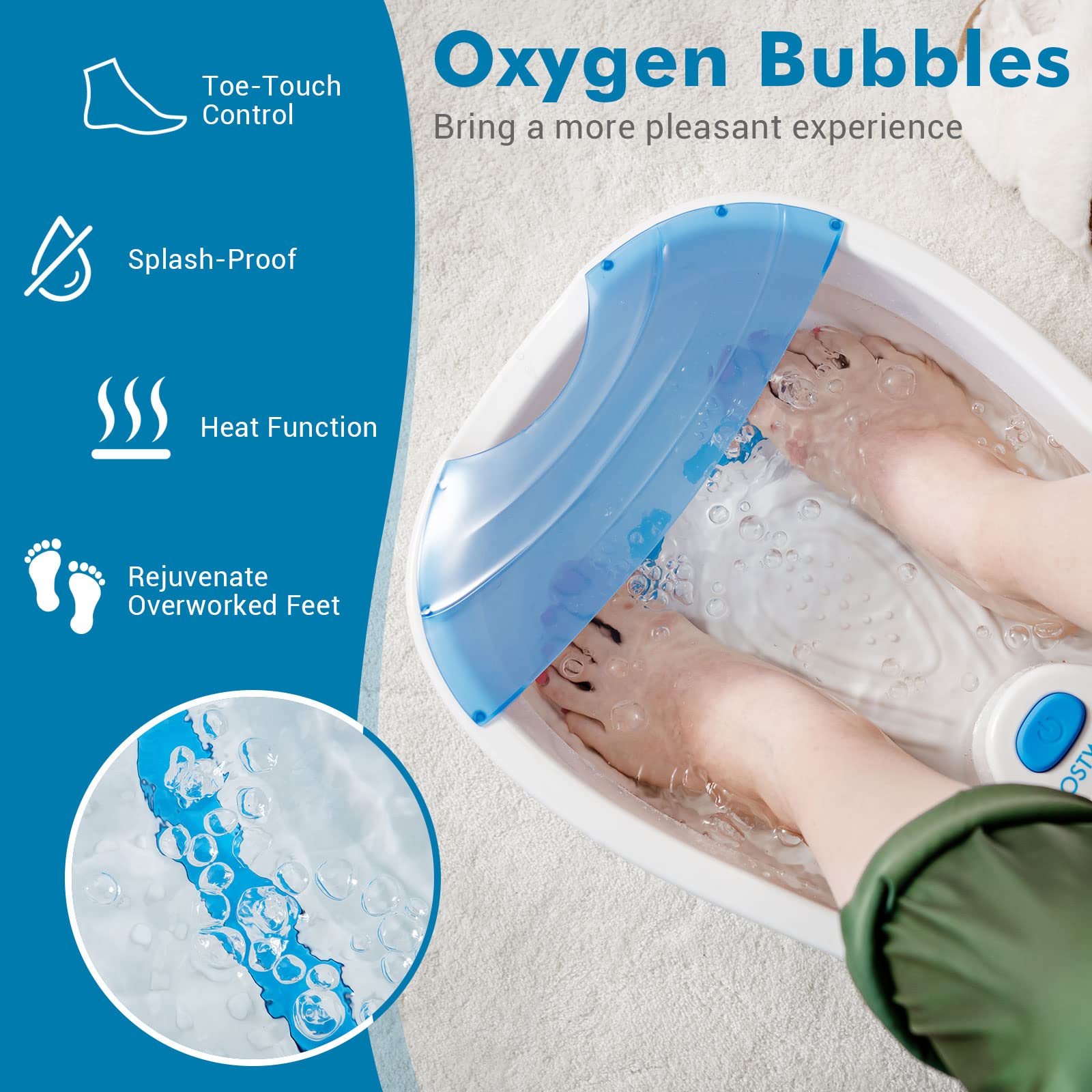 COSTWAY Foot Spa Bath Massage, with Bubble, Massage Nodes, Splash Guard, Toe-Touch Control, Foot Bath with Massage Arch, Portable at-Home Spa, Soothe Tired Feet (Blue)