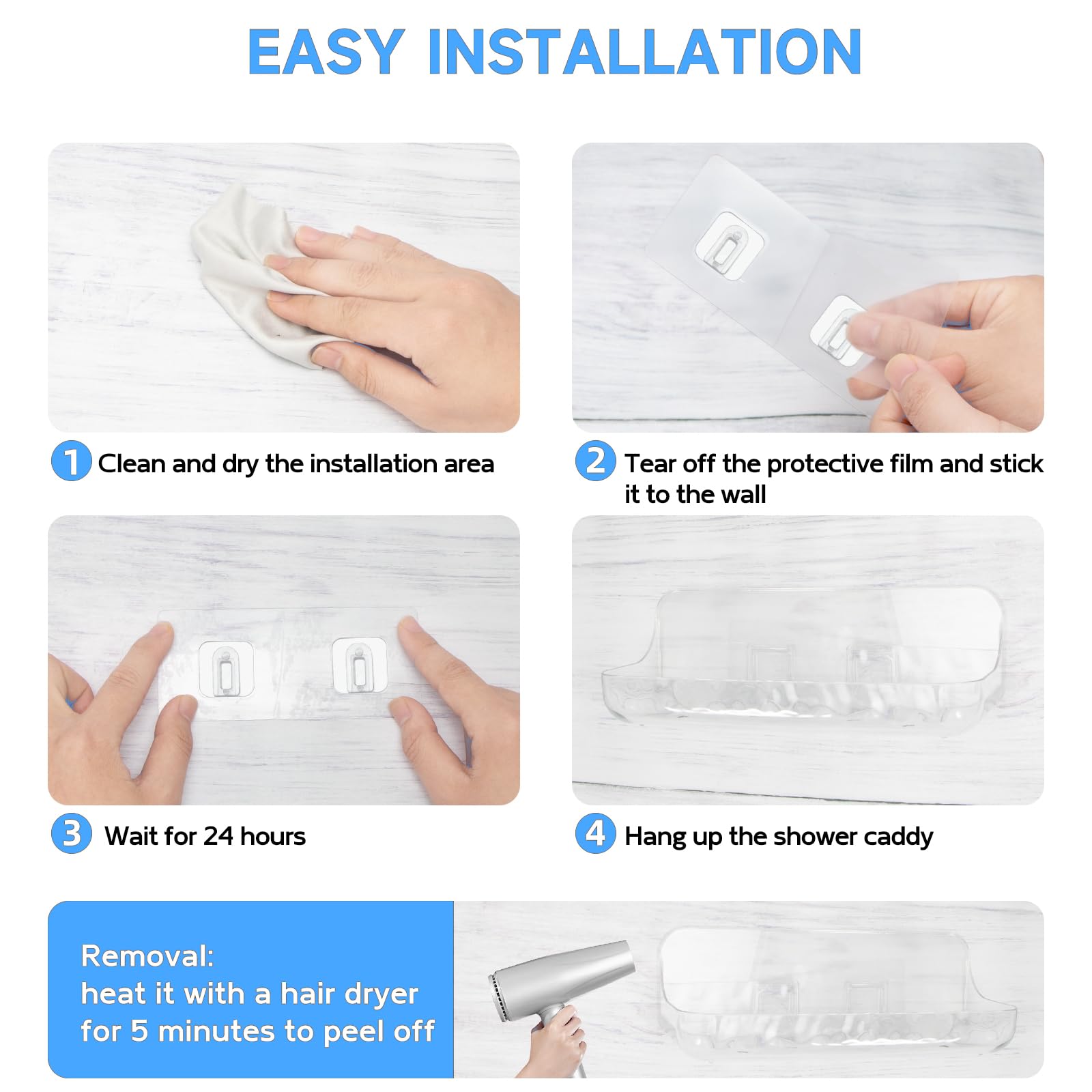 FEPTUASE Acrylic Shower Shelves, Clear Bathroom Shelves, Wall Mount Organizer, No Drilling Transparent, Self Adhesive Shower Caddy for Bathroom & Kitchen Storage (12.6" x 4.33" x 3.54")