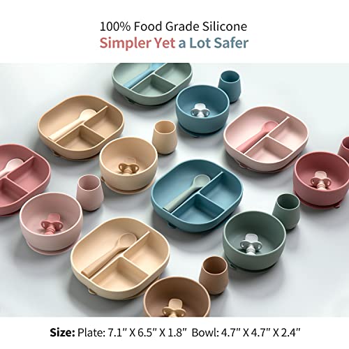 SAMiGO Baby Led Weaning Supplies - Silicone Baby Feeding Set - Suction Bowl Divided Plate Bib Cup Self Feeding Spoons - Toddler Baby Dish Set - First Stage Solid Food Eating Utensils - 6+ Months