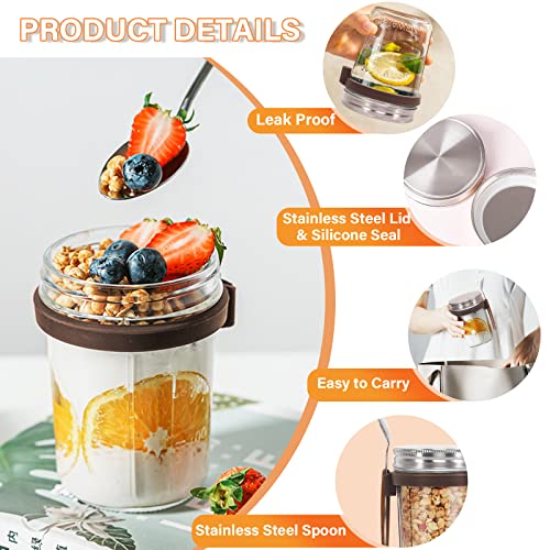 KesaPlan Overnight Oats Containers with Lid and Spoon, 10oz Airtight Large Capacity Mason Jar, 2PCS Leak-proof Oatmeal Jars with Measurement Marks, Reusable On The Go Parfait Cups for Yogurt Cereal