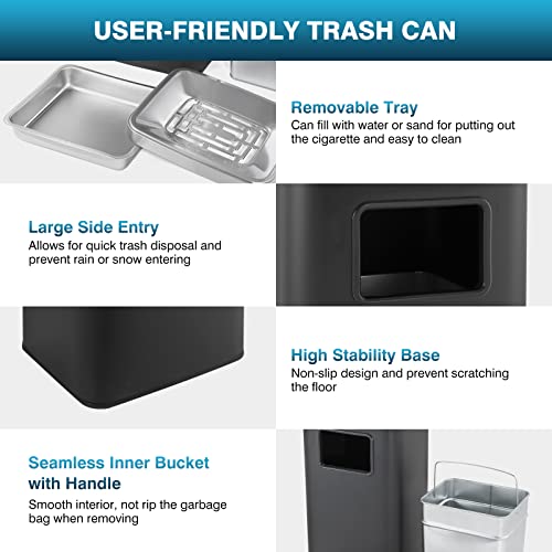 IRONWALLS Stainless Steel Trash Can with Lid, Commercial Indoor Outdoor Garbage Can Waste Bin with Removable Inner Bucket, Black Metal Trash Receptacle Waste Container for Office, Restaurant, Hotel