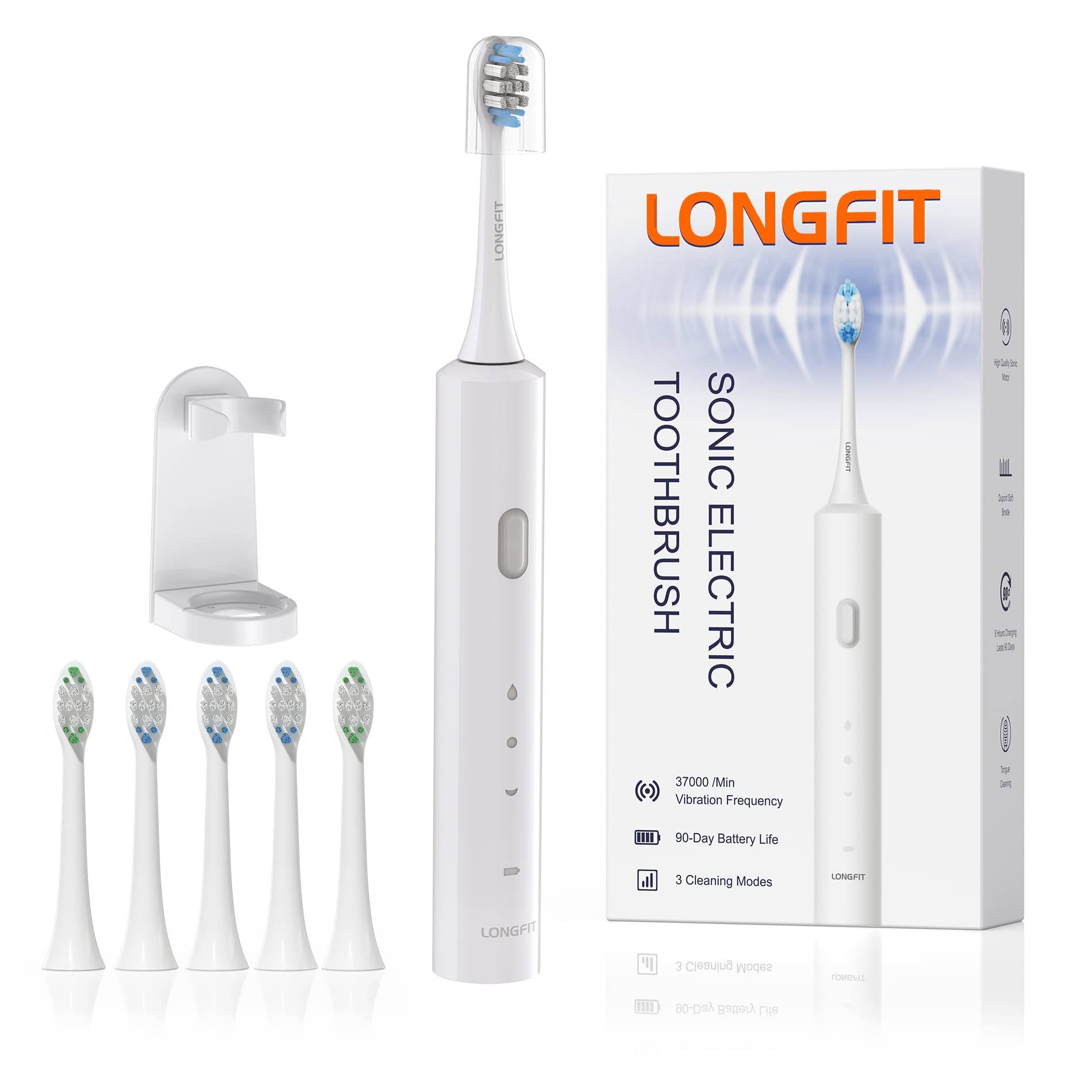 LONG FIT Electric Toothbrush for Adult Ultrasonic, Basic 90 Days Standby 37000VPM Clean Massage Sensitive Modes with 5 Replacement Toothbrush Heads