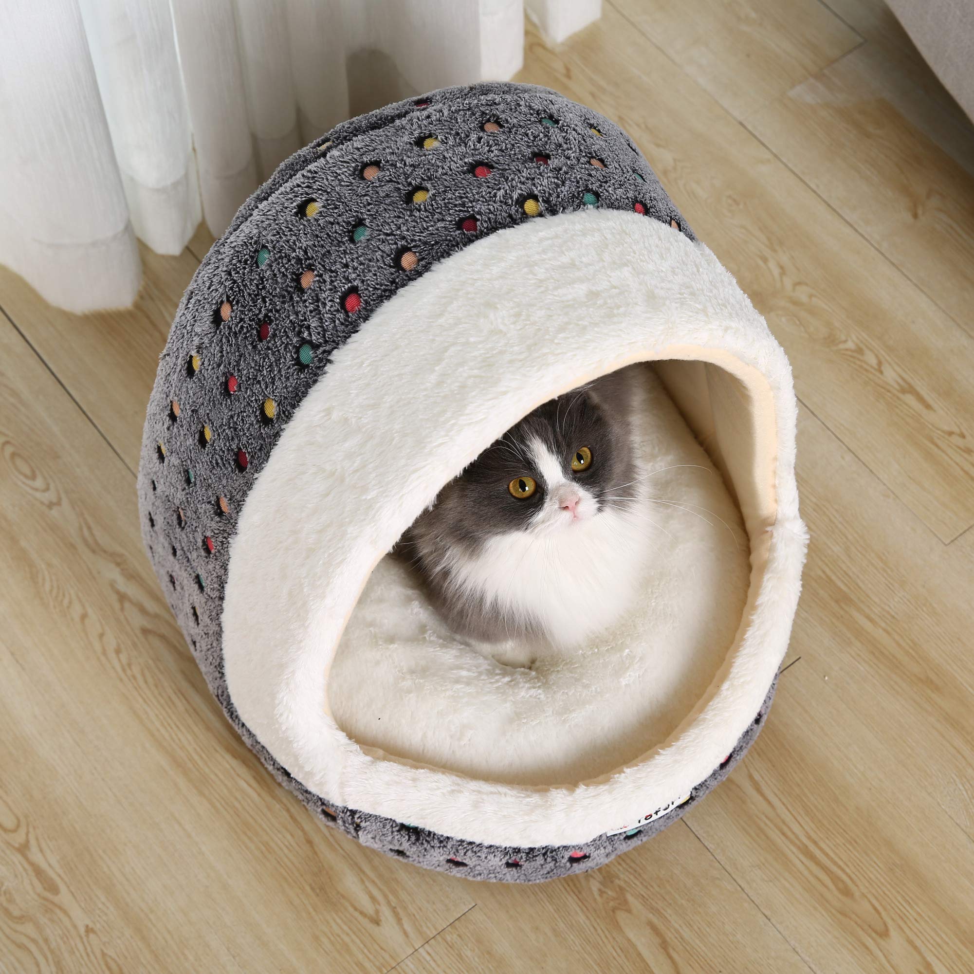 Tofern Dog Beds for Small Dog Cats Colorful Dots Pattern Striped Cute Fleece Warm Washable Igloo Pet Bed with Removable Cover