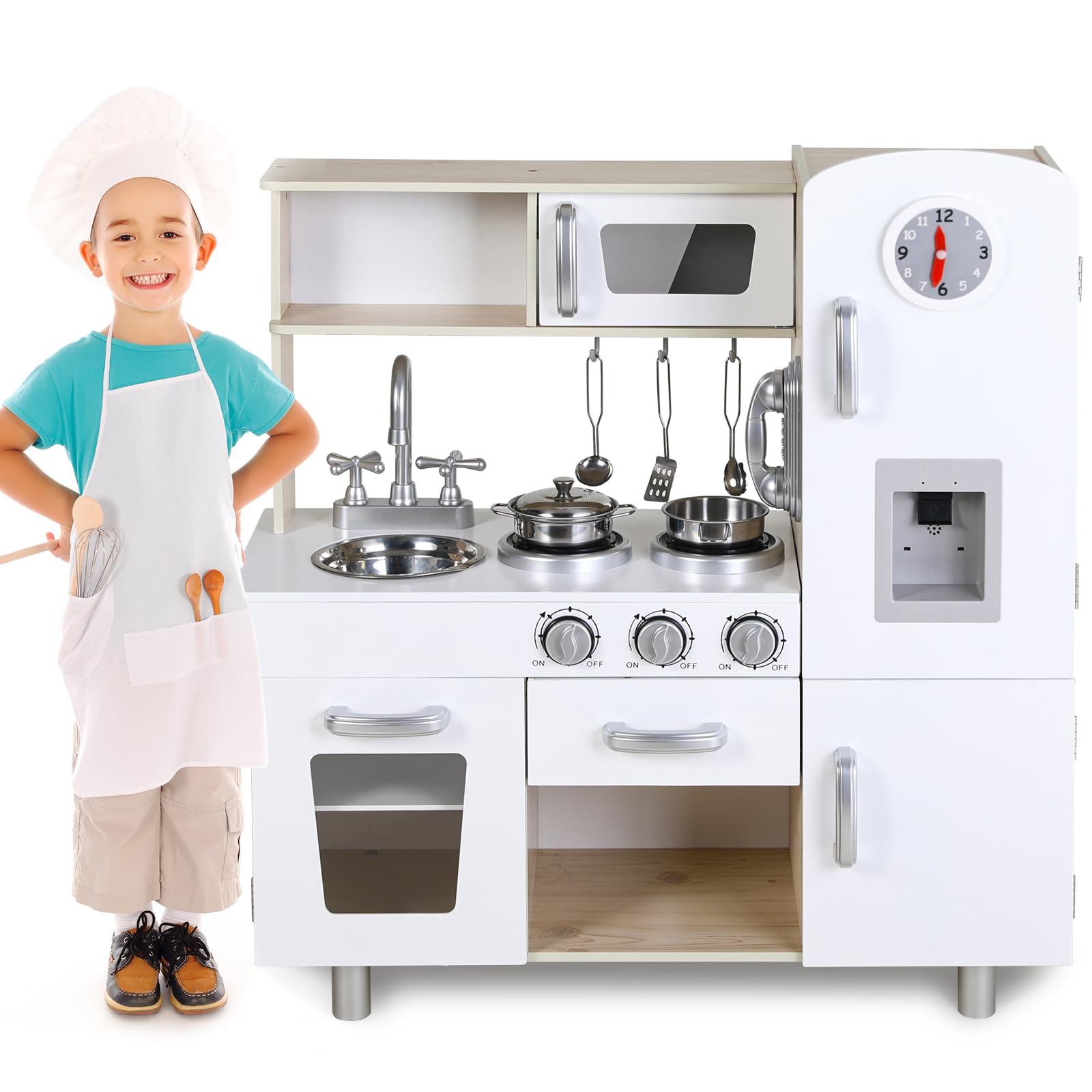 Clevich Wooden Play Kitchen for Kids, Toddlers Vintage Kitchen Toy Set w/Pretend Phone, Ice Maker, Modern Realistic Playset Chef w/Cookware Accessories, Microwave, Sink, Oven, White