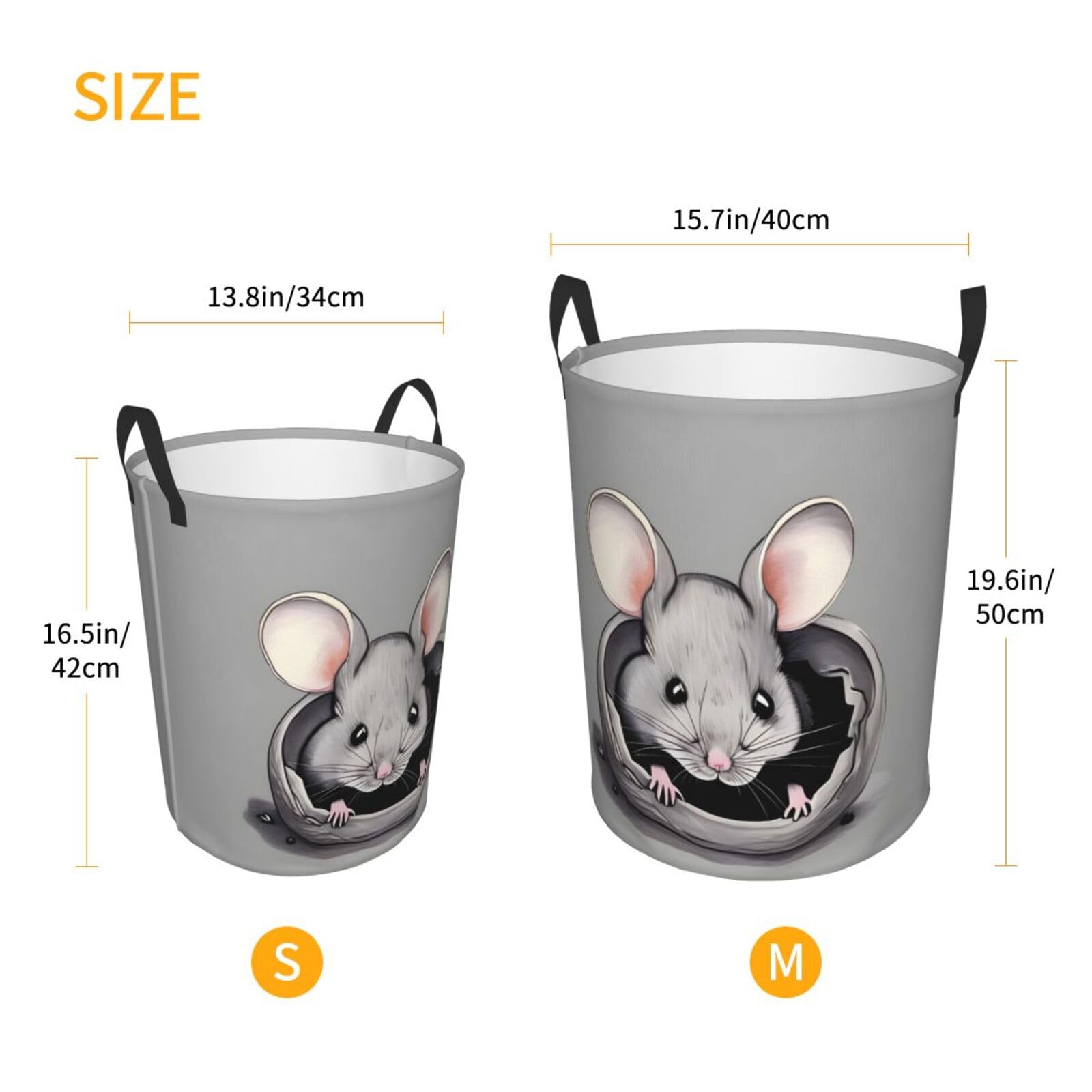 Grey rat Round laundry basket, waterproof large laundry basket, with a handle, used to store blankets, toys, dirty clothes