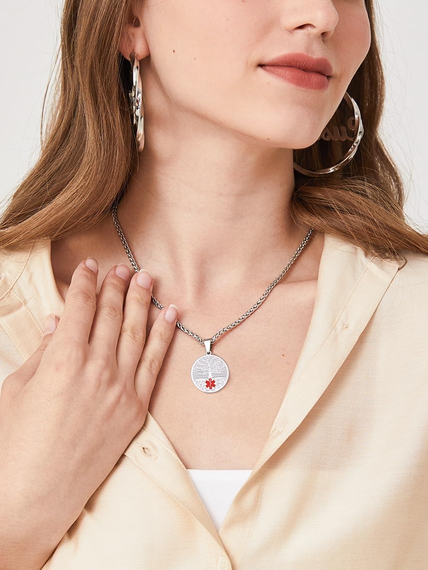 Custom4U Medical Alert Necklace for Women Men Personalized Stainless steel Medical ID Tag Pendant with Free Engraving