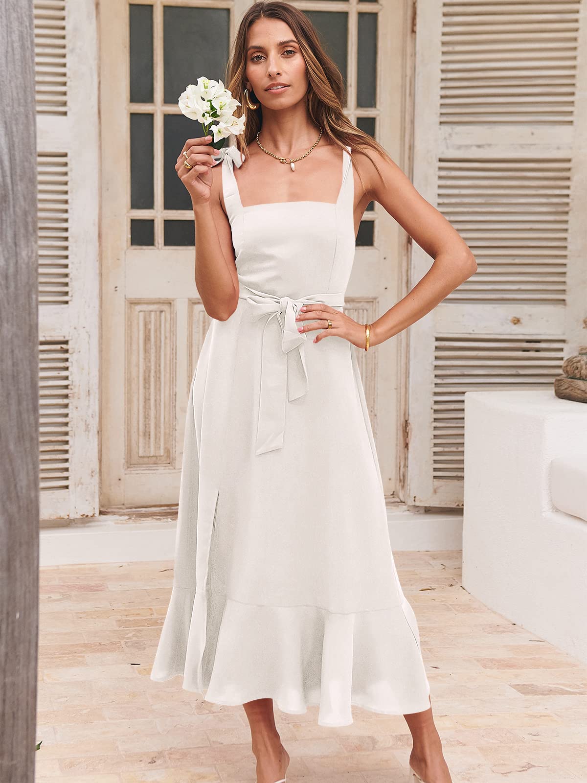 Caracilia Women's Square Neck Ruffle Split Midi Elegant Formal Wedding Guest Cocktail Bridesmaid Graduation Party Dresses White Small