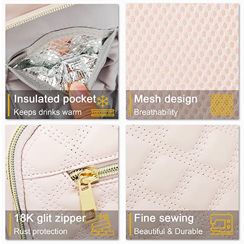Ezgnuk Diaper Bag Backpack, Quilted Baby Bag with Insulated Pocket, Multi Functional Portable Hanging Diaper Trolley Backpack Lovely Light Mother Pack (Pink)