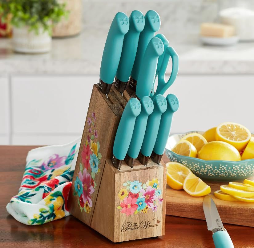 Generic Pioneer Woman 11-Piece Stainless Steel Knife Block Set, Teal, Large