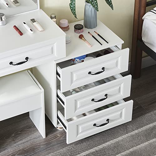JBLCC Makeup Vanity Table with Lighted Mirror,Makeup Vanity with Lights and Drawers, Storage Shelves, Vanity Desk for Woman Girls, White (5951)