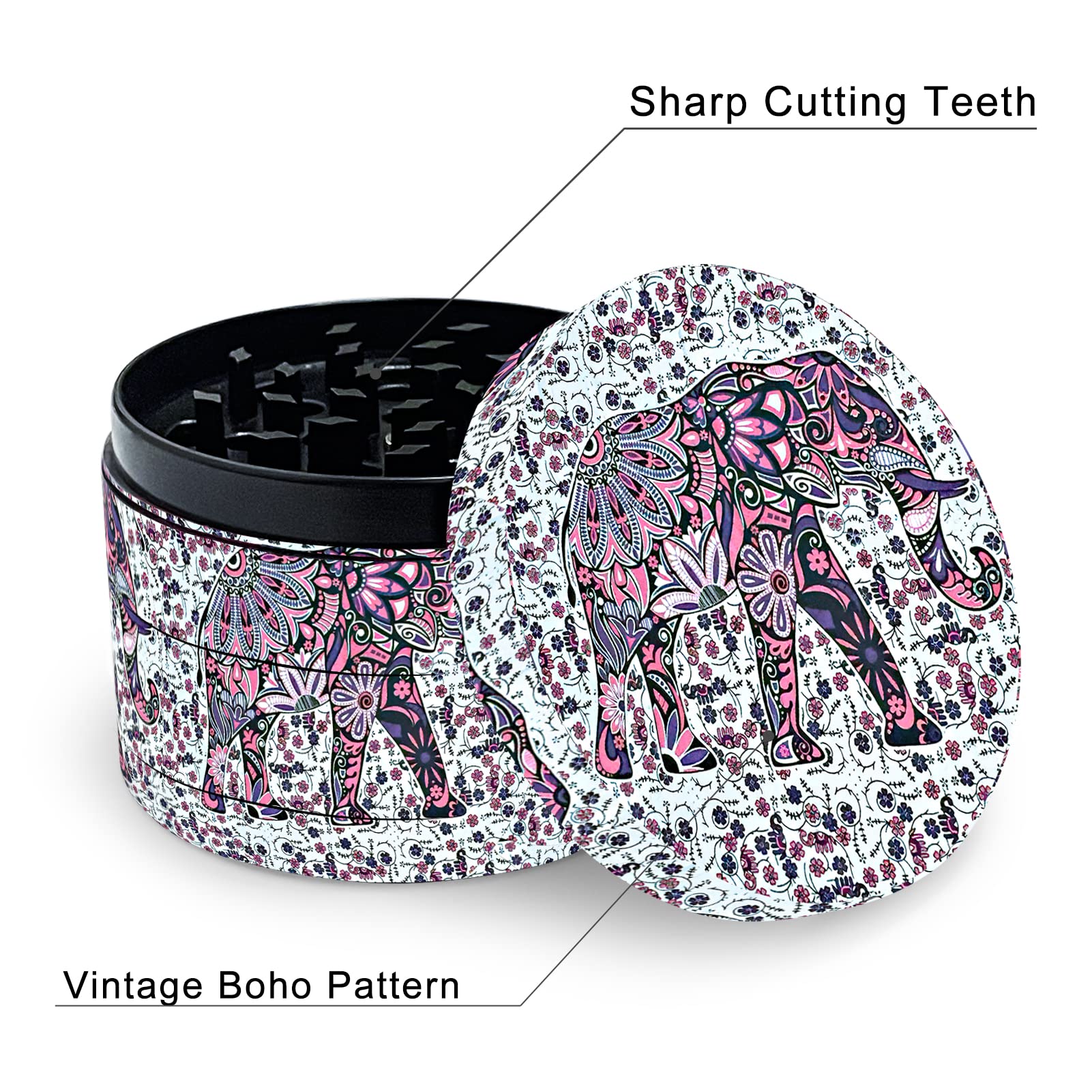 VRUPINZE 2.5 Inch Boho Grinder, Large Spice Grinder(Colorful Elephants Pattern)