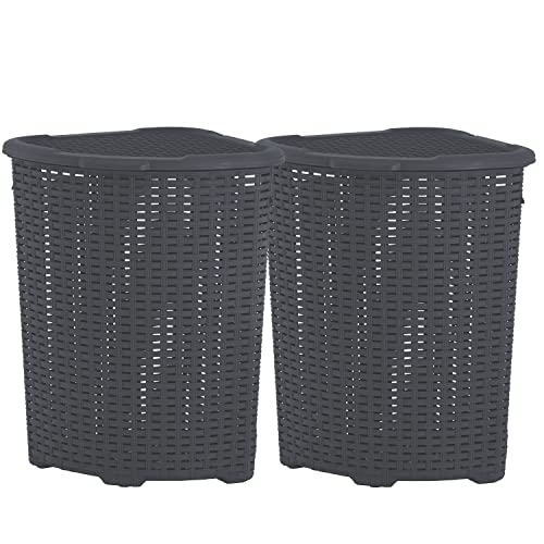 Plastic Corner Laundry Hamper with Lid, Curved Designed Laundry Basket, 2 Pack Triangle Grey Cloths Hamper Organizer with Cut-out Handles for Laundry Room Bedroom Bathroom, Wicker Design, 50 Liter