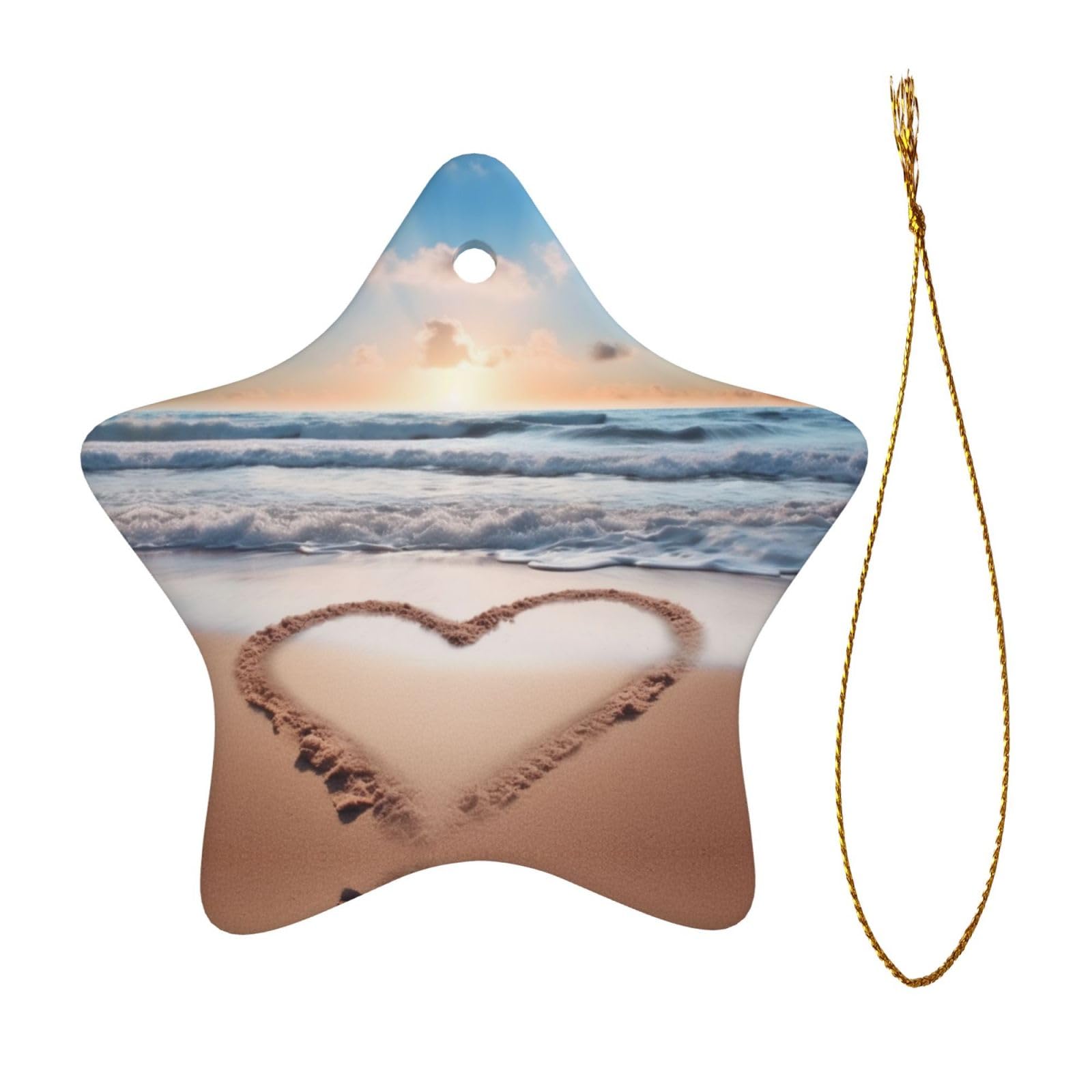 Christmas Tree Ceramic Hanging Star Shape Ornaments Heart Shape Romantic Beach Printed Christmas Ornaments with Gold Ribbon Ceramic Hanging Crafts for Xmas Holiday Party Decorations