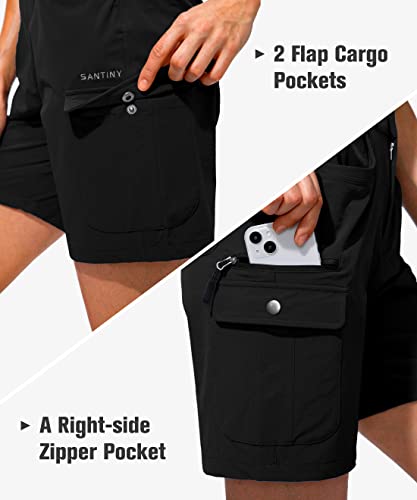 SANTINY Women's Hiking Cargo Shorts with 7 Pockets Lightweight Quick Dry 7 Inch Long Golf Shorts for Women Casual Summer (Black_L)