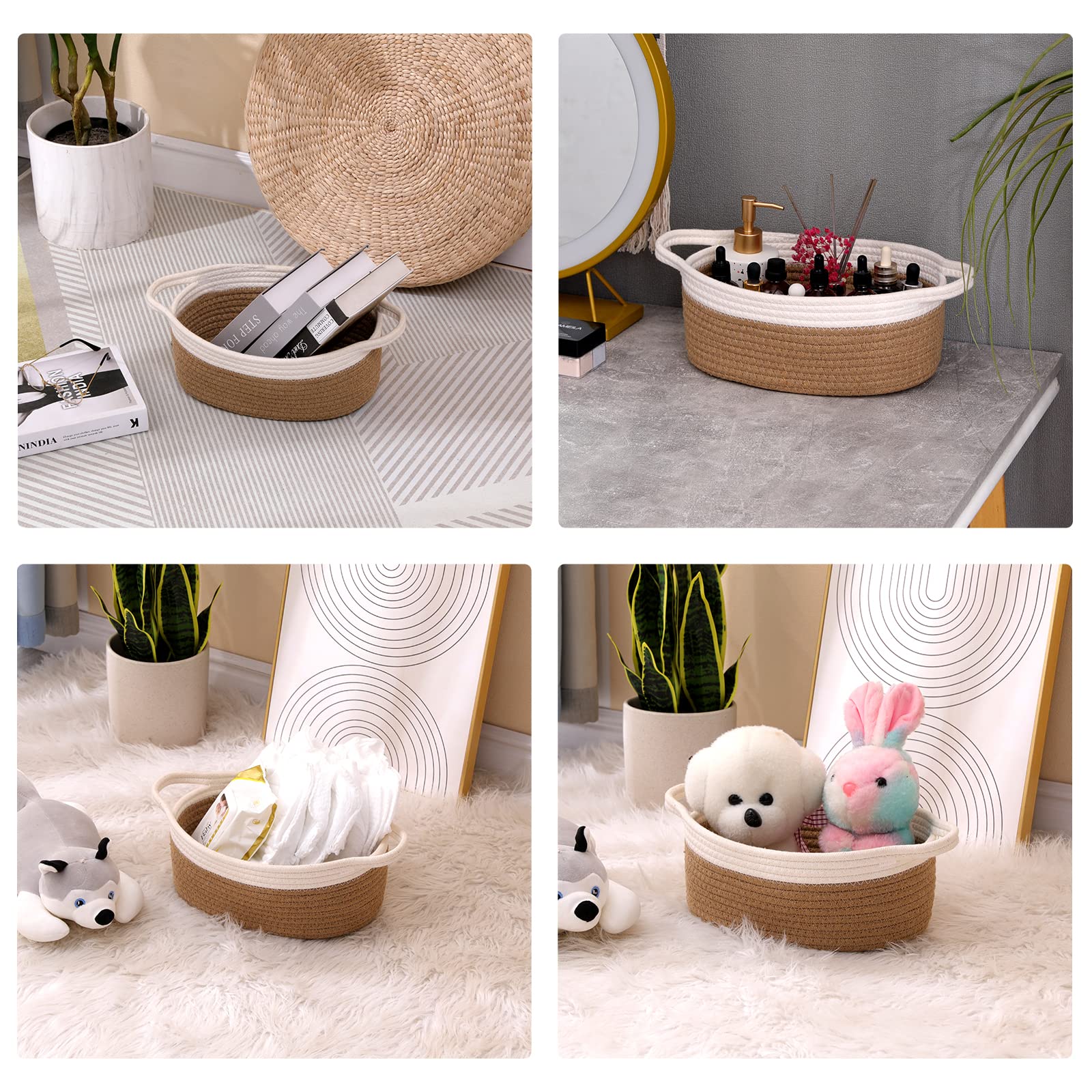 MJIAYWIN Small Woven Basket Cotton Rope Organizer Room Storage Bins Empty Gift Basket with Handles Cute Nursery Room for Home, Kids Playroom, Bedroom Brown 12"x 8" x 5"