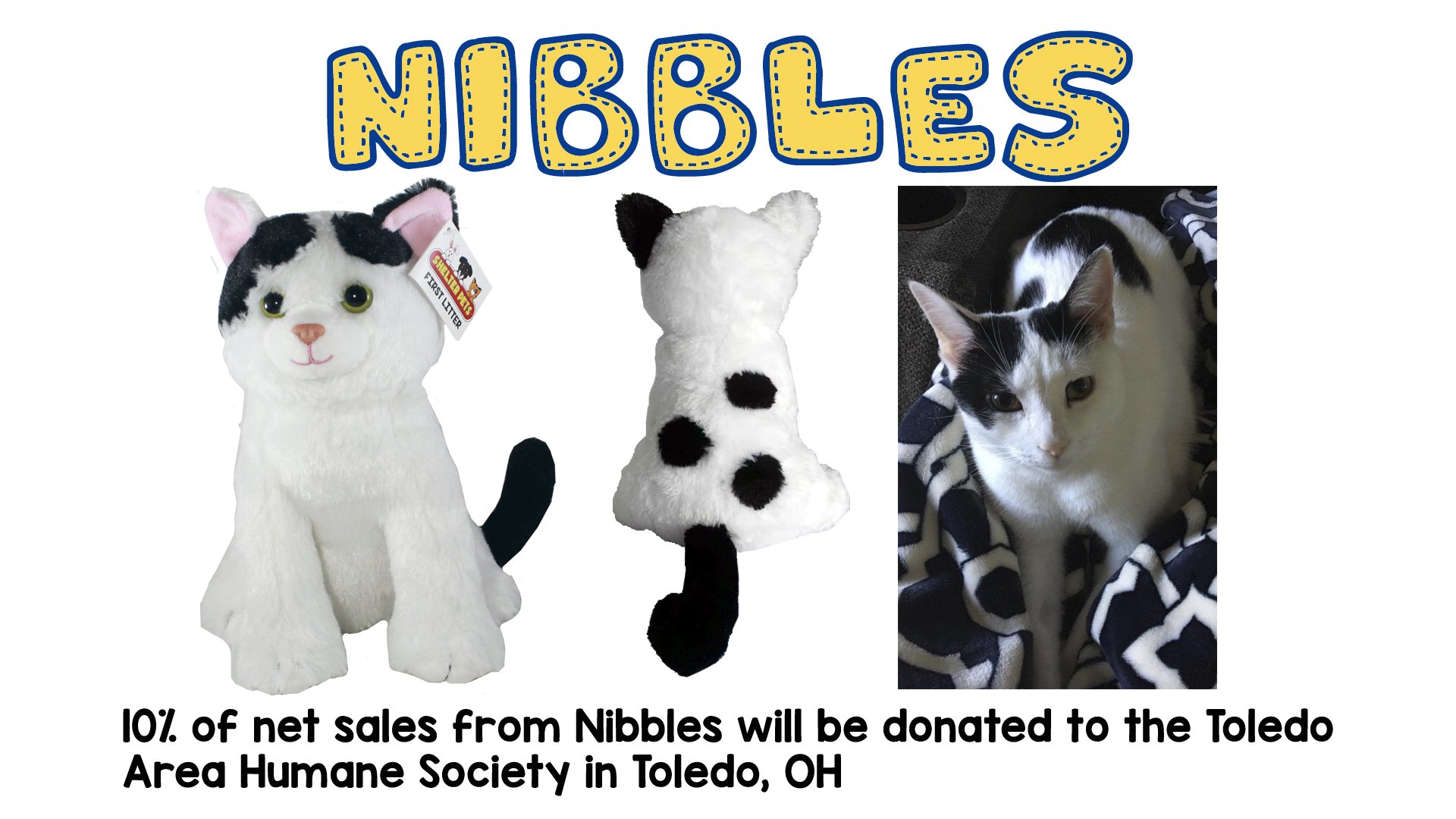 Shelter Pets Series One: Nibbles The Cat - 10" White and Black Kitten Plush Toy Stuffed Animal - Based on Real-Life Adopted Pets - Benefiting The Animal Shelters They were Adopted from