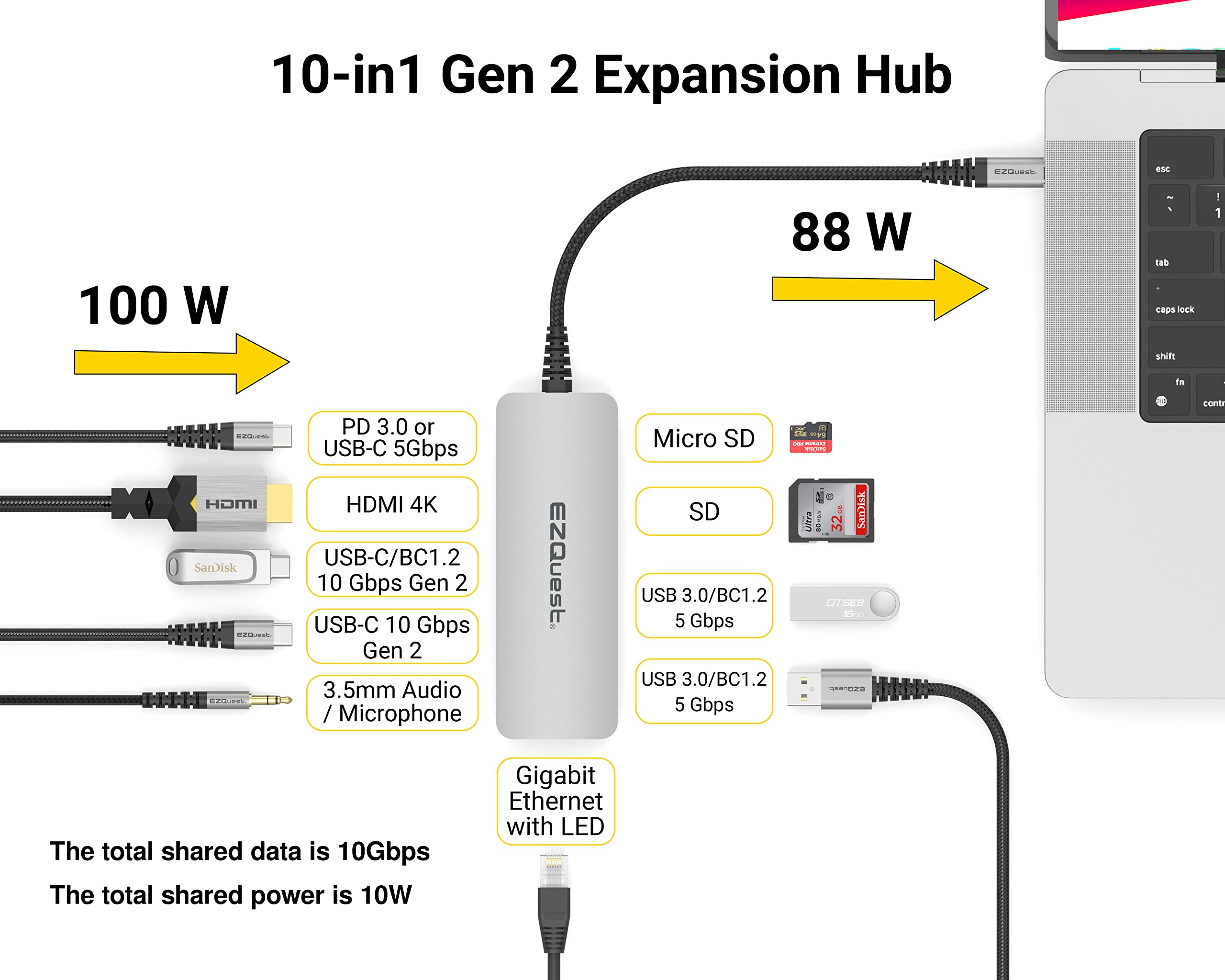 EZQuest USB C Hub Docking Station 10 in 1 with 4K HDMI 60Hz, 1 Gbs Ethernet, 2 USB C Gen 2 10Gbs Ports, 1 USB C PD 3.0 Port, 2 USB A 3.0 Ports, Audio Port, SD/Micro SD, Compatible with USB-C Computers