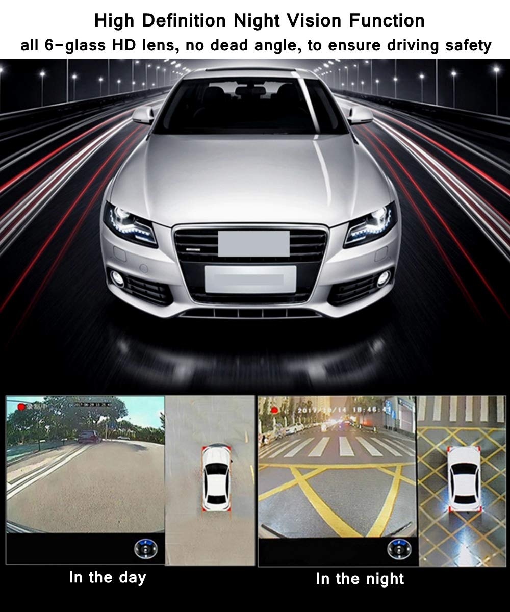 CarThree 360 Degree Bird View System Waterproof Seamless 4 Camera Car DVR Universal All Round View Camera System with Super Hd 1080P Night Vision for All Car